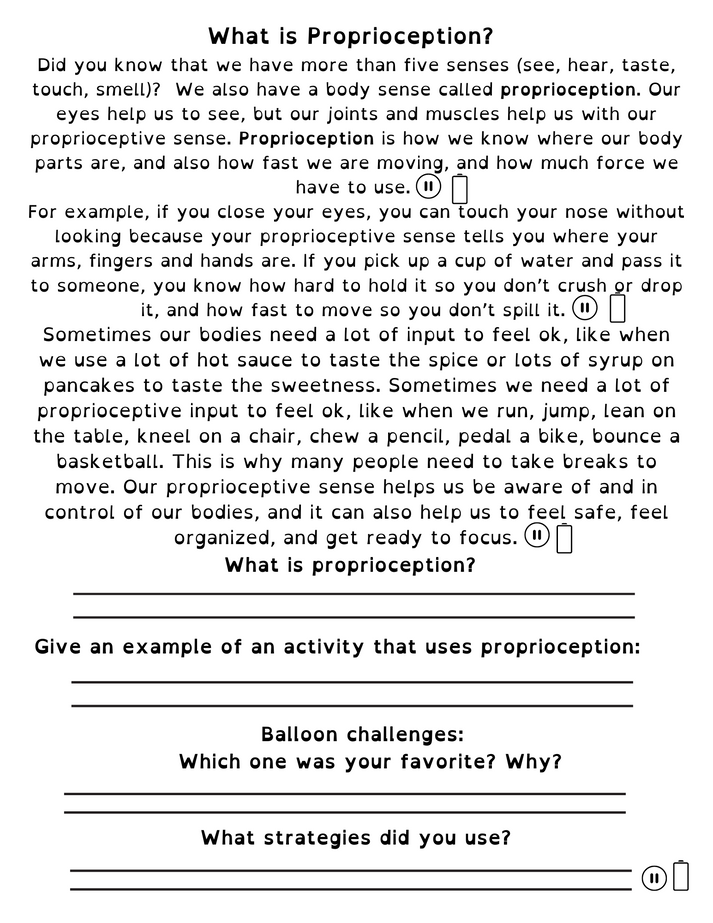 Proprioception Lesson & Balloon Challenges and Stereognosis Lesson ...